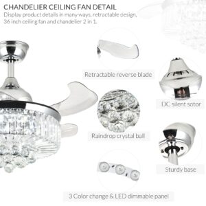 NOXARTE 36 Inch Crystal Ceiling Fan, Modern Fandelier LED Dimmable with Remote and APP, Reverse Motor for Living Ding Room Bedroom