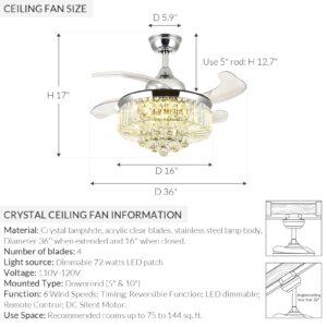 NOXARTE 36 Inch Crystal Ceiling Fan, Modern Fandelier LED Dimmable with Remote and APP, Reverse Motor for Living Ding Room Bedroom