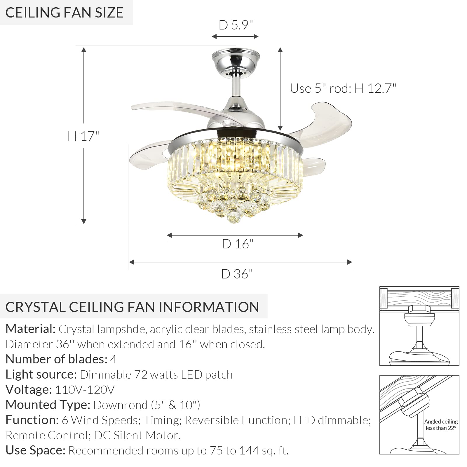 NOXARTE 36 Inch Crystal Ceiling Fan, Modern Fandelier LED Dimmable with Remote and APP, Reverse Motor for Living Ding Room Bedroom