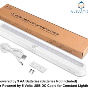 Alivation Closet Lights Battery Operated Led Lights, Motion Sensor Light Indoor Under Cabinet Lights, Under Counter Lights for Kitchen, 3 AA Battery Powered/DC Input Lights, Day & Night Mode, Dimmable