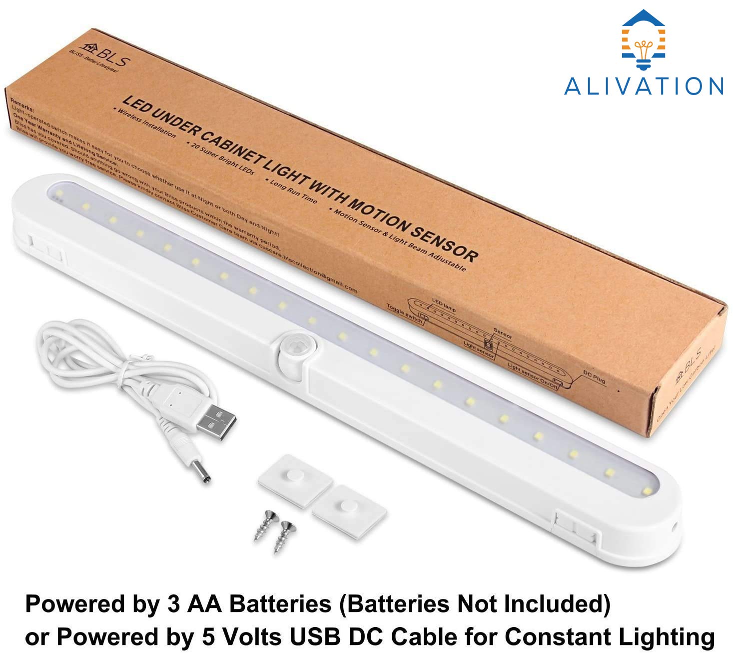 Alivation Closet Lights Battery Operated Led Lights, Motion Sensor Light Indoor Under Cabinet Lights, Under Counter Lights for Kitchen, 3 AA Battery Powered/DC Input Lights, Day & Night Mode, Dimmable