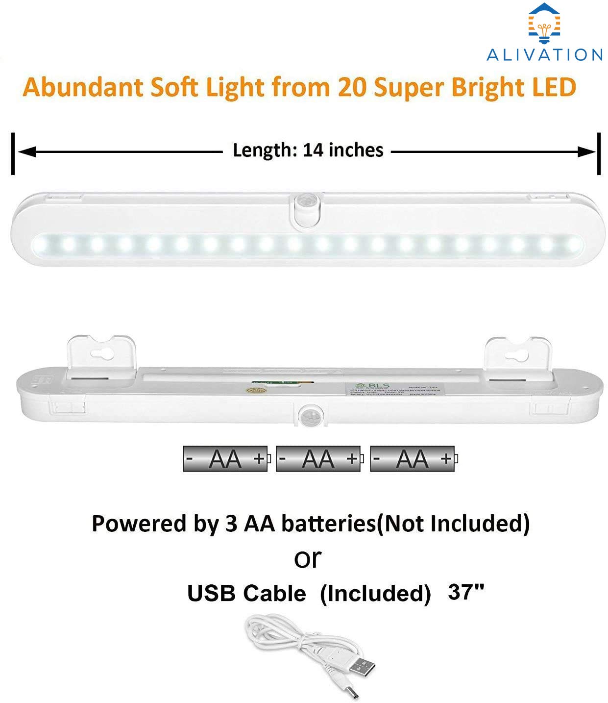 Alivation Closet Lights Battery Operated Led Lights, Motion Sensor Light Indoor Under Cabinet Lights, Under Counter Lights for Kitchen, 3 AA Battery Powered/DC Input Lights, Day & Night Mode, Dimmable