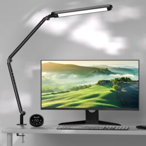 led desk lamp with clamp, 12w eye-caring swing arm table lamp, stepless dimming and adjustable color temperature,modern architect lamp with memory and timing function for study, work, home, office