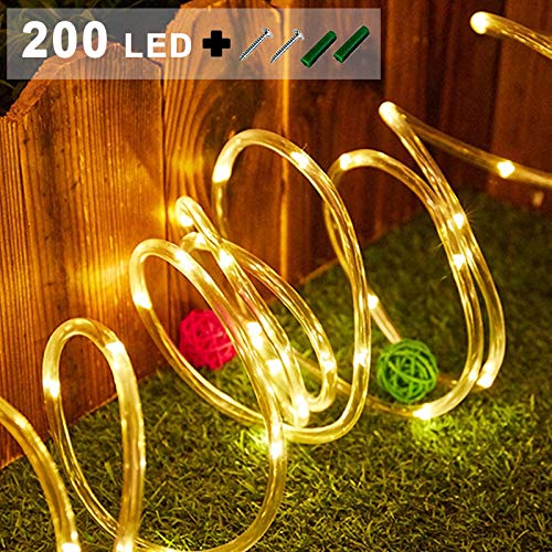 KUshopfast Solar Rope Lights, 66 Feet 200 LED 8 Modes Solar Rope String Lights Outdoor Fairy Lights Waterproof Tube Lights with Solar Panel for Outdoor Indoor Home (200LED, Warm White)