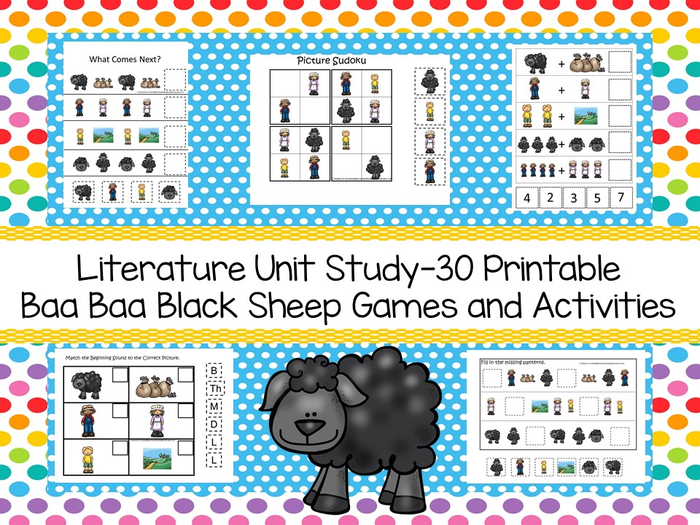 Literature Unit Study-30 Printable Baa Baa Black Sheep Games and Activities