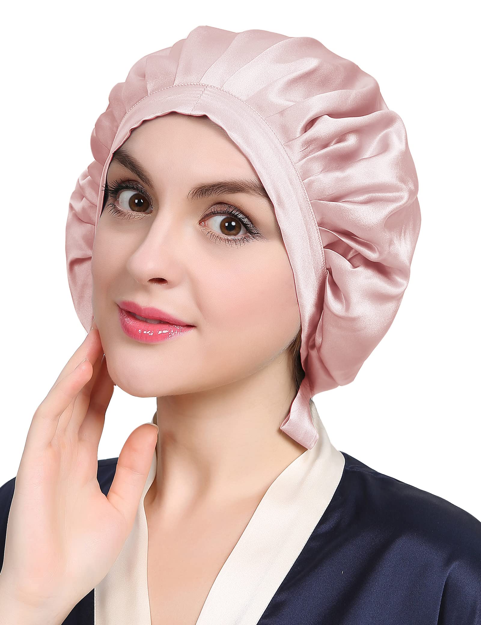 LilySilk 100% Mulberry Silk Bonnet, 19 Momme Silk Night Sleep Cap Adjustable Hair Wrap for Sleeping, Rosy Pink