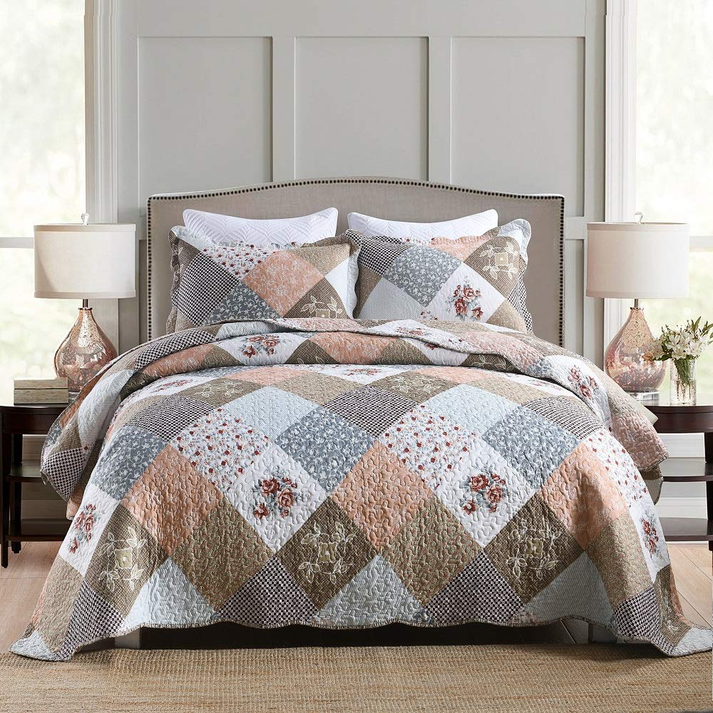 Travan 3-Piece Queen Quilt Set Quilted Bedspread Lightweight Reversible Coverlet Set Floral Printed Quilted Bedding Set with Shams for All Season, Brown Floral, Queen Size