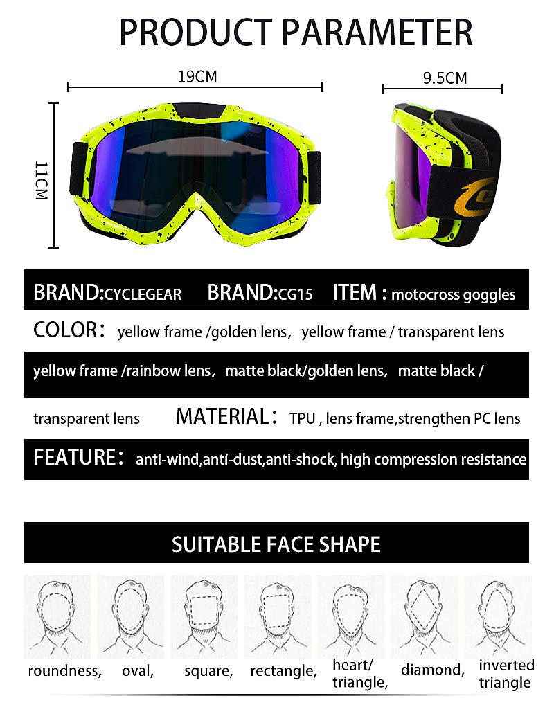 DPLUS Motorcycle Goggles , Dirt Bike ATV Goggles Anti-UV Adjustable Riding Offroad Protective Combat Tactical Military Goggles for Men Women Kids Youth Adult (Yellow Gold)