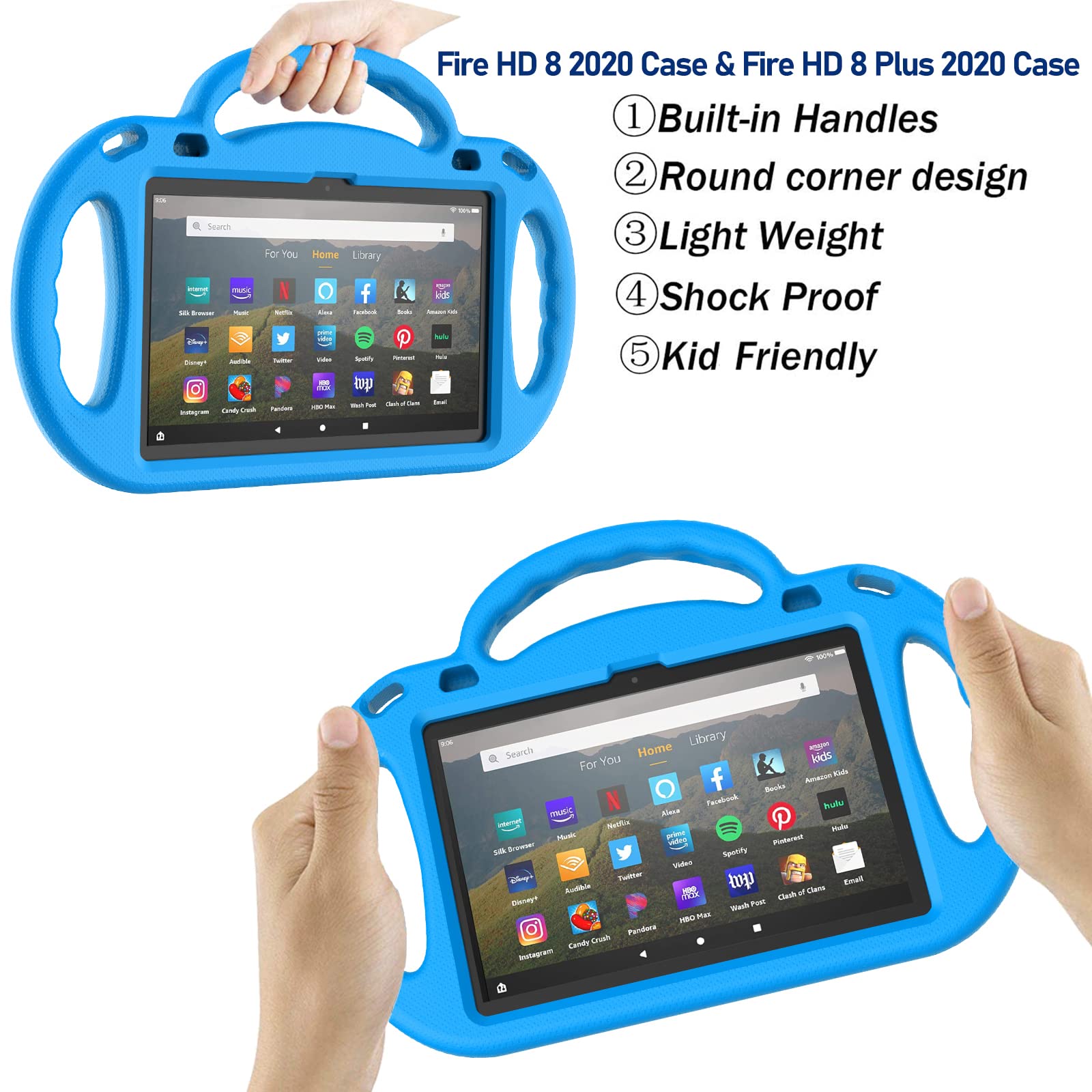 LTROP Shockproof Kids Case for Fire HD 8 Tablet (12th / 10th Generation, 2022/2020 Release) with Handle Stand & Shoulder Strap, Blue