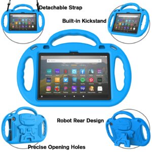 LTROP Shockproof Kids Case for Fire HD 8 Tablet (12th / 10th Generation, 2022/2020 Release) with Handle Stand & Shoulder Strap, Blue