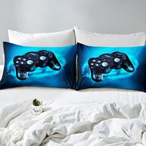 Gaming Bedding Set Kids Bed Sheet Set Full Size Soft Microfiber Gamer Console Video Game Fitted Sheet Boys Teens Game Room Decor Bed Cover with 2 Pillow Case (Flat Sheet not Included), Blue