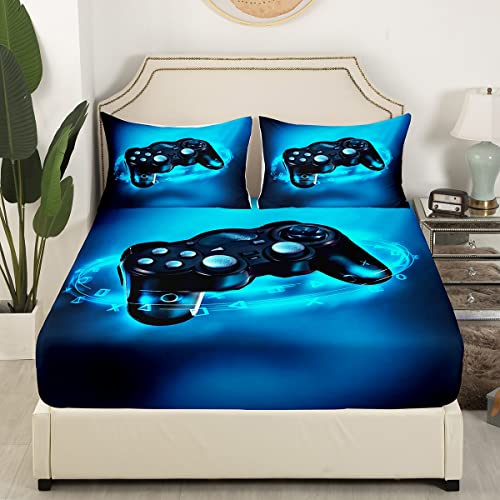 Gaming Bedding Set Kids Bed Sheet Set Full Size Soft Microfiber Gamer Console Video Game Fitted Sheet Boys Teens Game Room Decor Bed Cover with 2 Pillow Case (Flat Sheet not Included), Blue