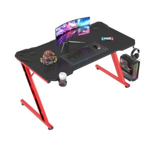 homall gaming desk computer desk gaming table z shaped pc gaming workstation home office desk with carbon fiber surface cup holder and headphone hook (red, 44 inch)