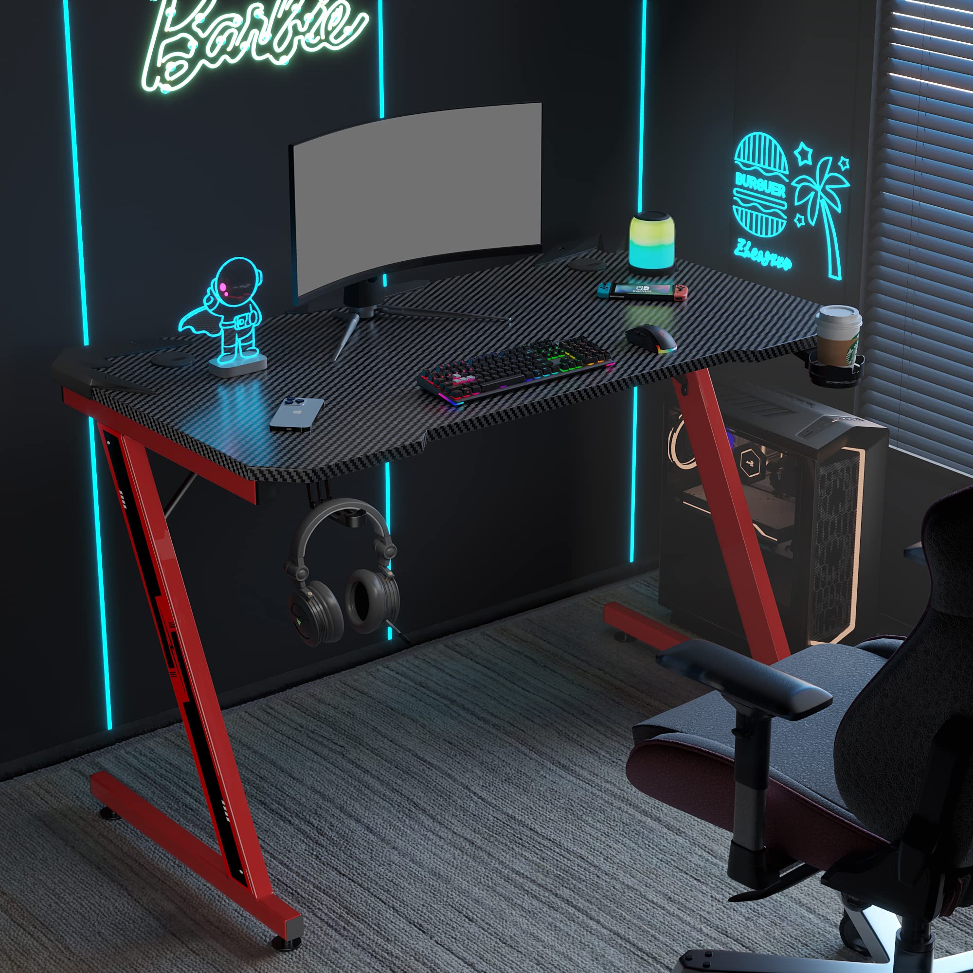 Homall Gaming Desk Computer Desk Gaming Table Z Shaped Pc Gaming Workstation Home Office Desk with Carbon Fiber Surface Cup Holder and Headphone Hook (Red, 44 Inch)