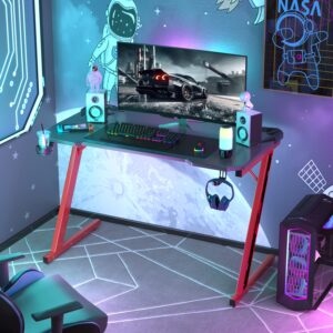 Homall Gaming Desk Computer Desk Gaming Table Z Shaped Pc Gaming Workstation Home Office Desk with Carbon Fiber Surface Cup Holder and Headphone Hook (Red, 44 Inch)