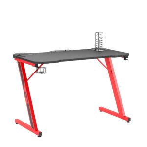 Homall Gaming Desk Computer Desk Gaming Table Z Shaped Pc Gaming Workstation Home Office Desk with Carbon Fiber Surface Cup Holder and Headphone Hook (Red, 44 Inch)