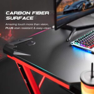 Homall Gaming Desk Computer Desk Gaming Table Z Shaped Pc Gaming Workstation Home Office Desk with Carbon Fiber Surface Cup Holder and Headphone Hook (Red, 44 Inch)