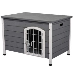 pawhut 31" l wooden decorative dog cage kennel wire door with lock small animal house with openable top removable bottom grey