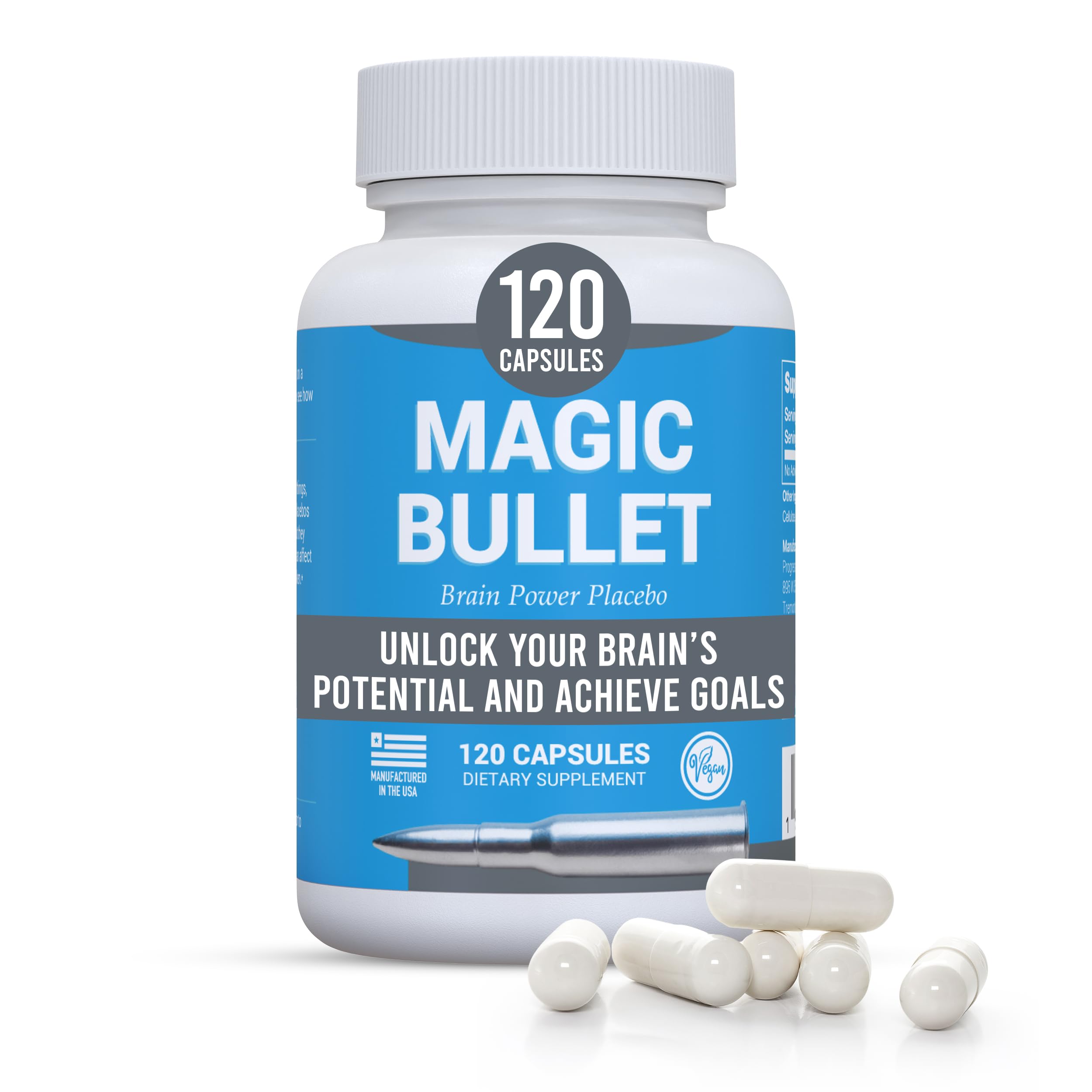 Magic Bullet Placebo Pills – Honest Placebos for a Wide Variety of Symptoms - Happy Pill for Stress Relief – 120 White Vegan Inert Capsules – Suitable for Adults, Teens, Men, Women