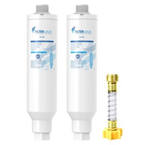 filterlogic rv inline water filter, nsf certified, reduces chlorine, bad taste&odor, dedicated for rvs, 2 pack drinking filter with 1 flexible hose protector