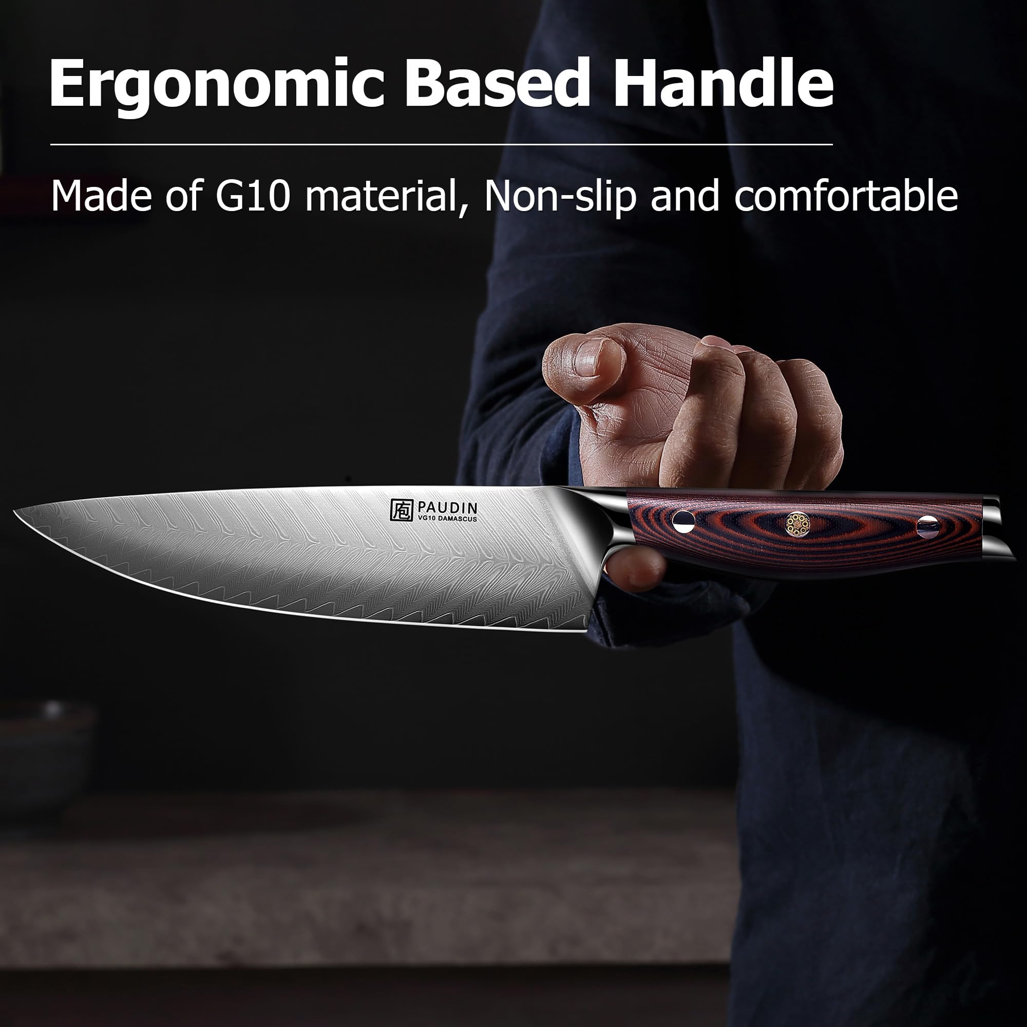 PAUDIN Damascus Chef Knife, 8 Inch Japanese High Carbon 67-layers VG10 Stainless Steel Kitchen Knife, Ultra Sharp Kitchen Knives with Full Tang Ergonomic G10 Handle for Kitchen and Restaurant