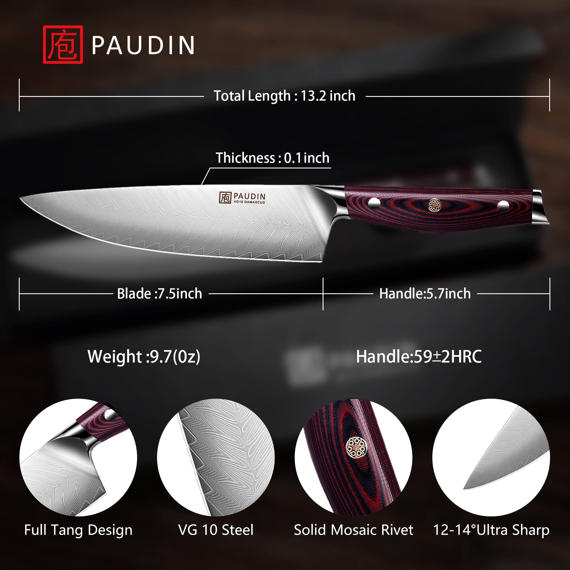 PAUDIN Damascus Chef Knife, 8 Inch Japanese High Carbon 67-layers VG10 Stainless Steel Kitchen Knife, Ultra Sharp Kitchen Knives with Full Tang Ergonomic G10 Handle for Kitchen and Restaurant