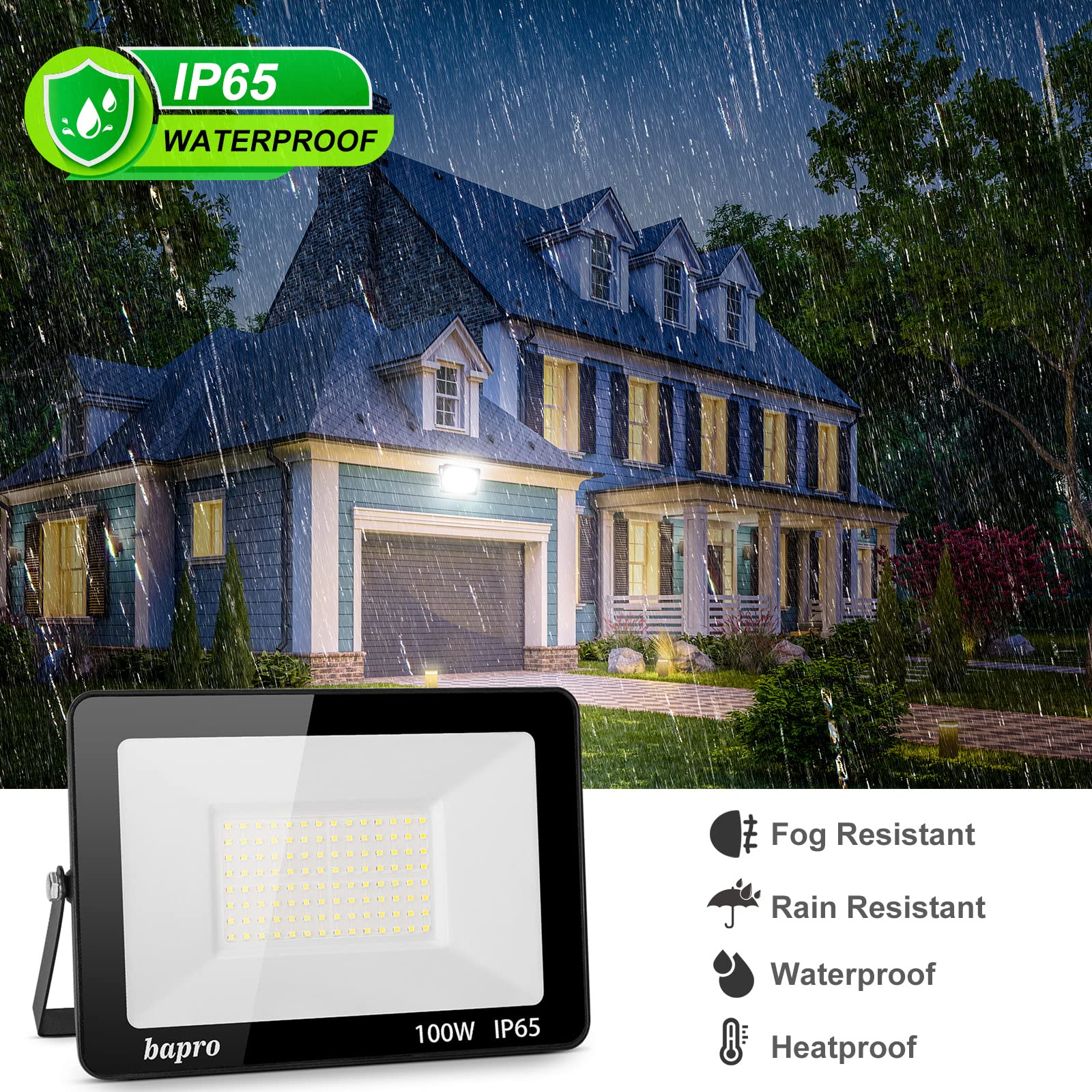 Royana 100W LED Flood Light Outdoor with Plug, IP65 Waterproof LED Work Lights, Portable Daylight White Floodlight Spotlight, 6000K 10000LM Super Bright Security Light for Yard Garden Court Lawn