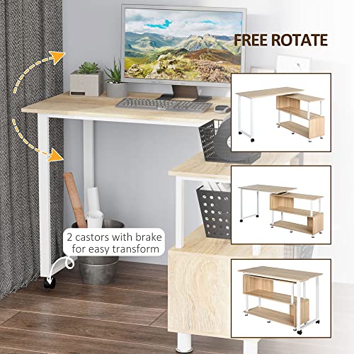 HOMCOM Mobile L-Shaped Rotating Computer Desk with Storage Shelves Moveable Rolling Writing Table Home Office Study Workstation for Home Office, Oak