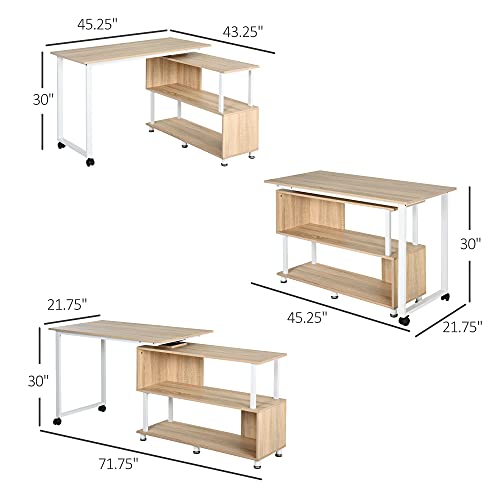 HOMCOM Mobile L-Shaped Rotating Computer Desk with Storage Shelves Moveable Rolling Writing Table Home Office Study Workstation for Home Office, Oak