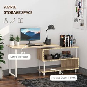 HOMCOM Mobile L-Shaped Rotating Computer Desk with Storage Shelves Moveable Rolling Writing Table Home Office Study Workstation for Home Office, Oak