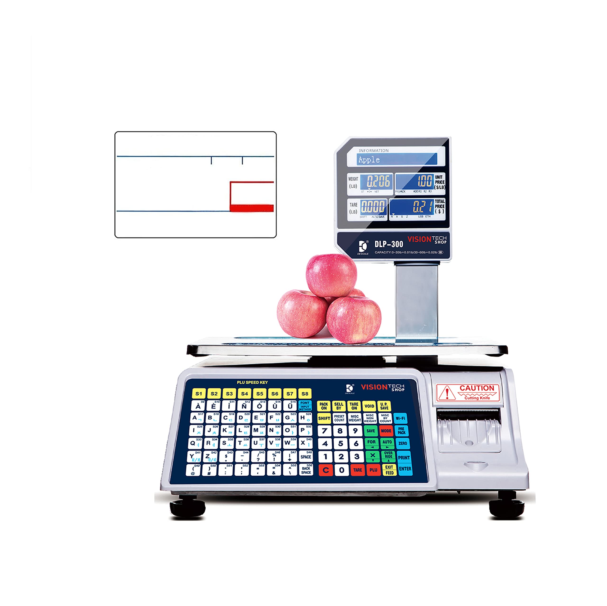 VisionTechShop DLP-300 Label Printing Scale Pole Display, 30/60lbs Capacity, 0.01/0.02lbs, NTEP Legal for Trade with a Free 1 case CAS LST-8010 UPC Label, 58 x 40mm