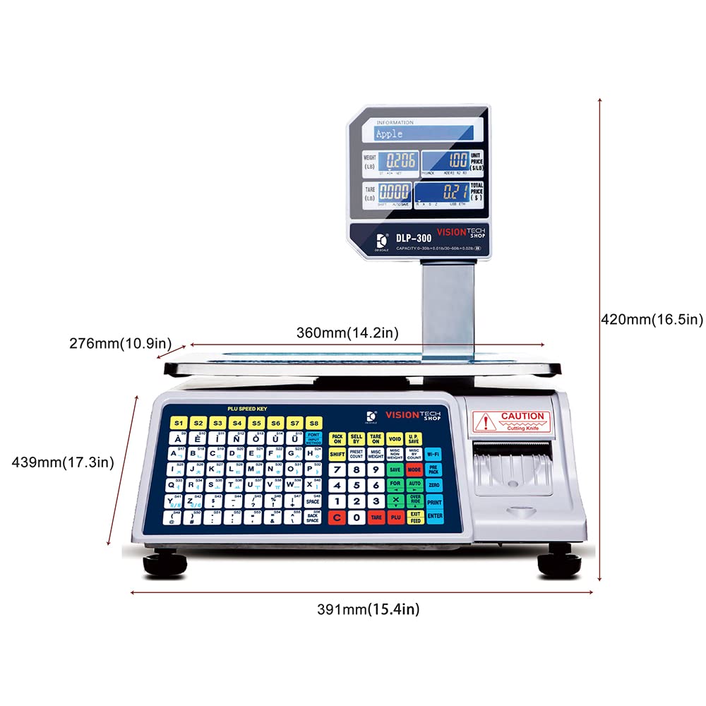 VisionTechShop DLP-300 Label Printing Scale Pole Display, 30/60lbs Capacity, 0.01/0.02lbs, NTEP Legal for Trade with a Free 1 case CAS LST-8010 UPC Label, 58 x 40mm