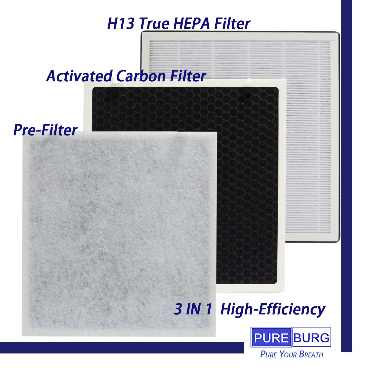 PUREBURG IC-5018 Replacement True HEPA Filter Compatible with InvisiClean Aura IC-5018 Aura II IC-5018 Sensa IC-5120 Air Purifiers,H13 Activated Carbon,2-Pack