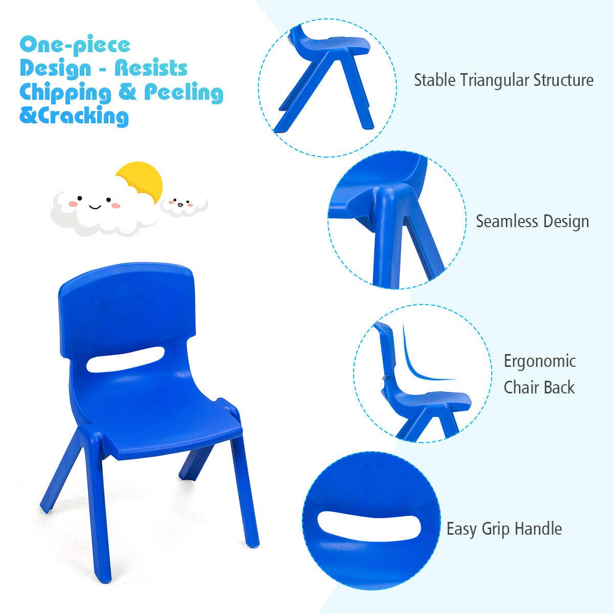 Costzon Plastic Stackable School Chairs, 4 Pack, Kids Learning Chairs with 11 inch Seat Height, Carrying Handle, Waterproof Children Chairs for Playrooms, Schools, Daycares and Home (4 Pack, Blue)