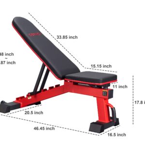 DERACY Adjustable Weight Bench for Full Body Workout, Incline and Decline Weight Bench for Indoor Workout, Home Gym (Red)