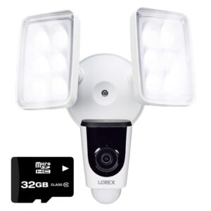 lorex 1080p wi-fi outdoor floodlight camera with dual led lights and siren, full hd video recording, 2-way audio, ir night vision, local storage, no monthly fees