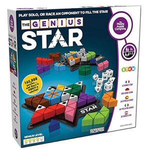 the genius star - toy of the year award winning family board game. 165,888 possible puzzles by filling in colored shapes with blockers to complete a star! golden star twist!