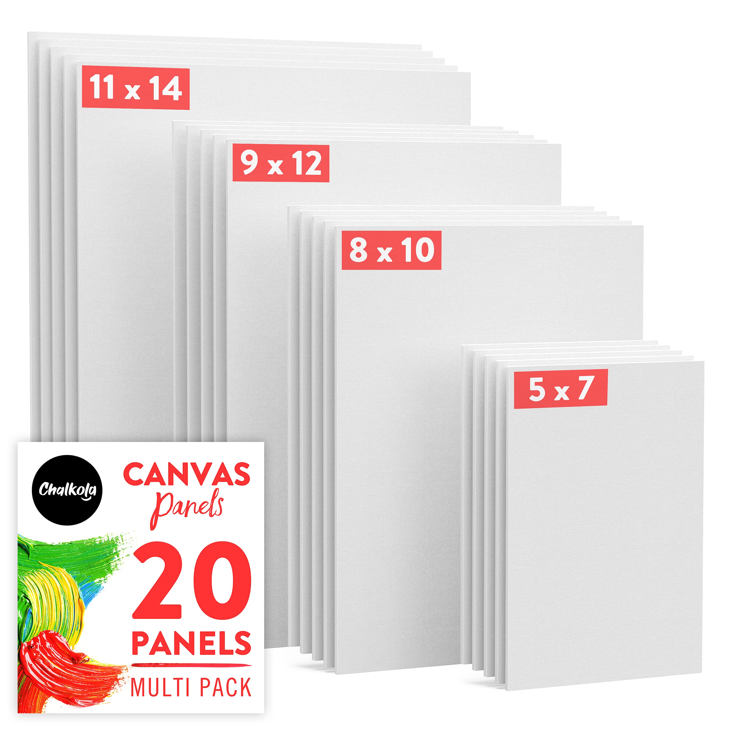 Chalkola Paint Canvases for Painting Multipack - 20 Pack Blank Canvas Panels - 5x7, 8x10, 9x12, 11x14 inch (5 Each) - 100% Cotton, Primed, Acid Free Art Canvas Boards for Painting with Acrylic & Oil