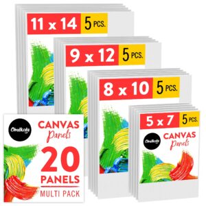 Chalkola Paint Canvases for Painting Multipack - 20 Pack Blank Canvas Panels - 5x7, 8x10, 9x12, 11x14 inch (5 Each) - 100% Cotton, Primed, Acid Free Art Canvas Boards for Painting with Acrylic & Oil