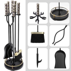 AMAGABELI GARDEN & HOME 30in Fireplace Tools Set Brass Handle 5Pieces Wrought Iron Indoor Fireset Stand Wood Log Holder Hearth Accessories Kit Antique Fire Tongs Shovel Brush Chimney Poker Tool Set