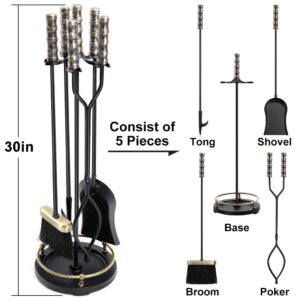 AMAGABELI GARDEN & HOME 30in Fireplace Tools Set Brass Handle 5Pieces Wrought Iron Indoor Fireset Stand Wood Log Holder Hearth Accessories Kit Antique Fire Tongs Shovel Brush Chimney Poker Tool Set