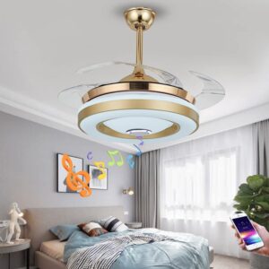 angry pryo 42inch bluetooth ceiling fan with light and speaker music, 7 color dimmable led retractable blades with remote ceiling lighting chandelier for livingroom restaurant hall