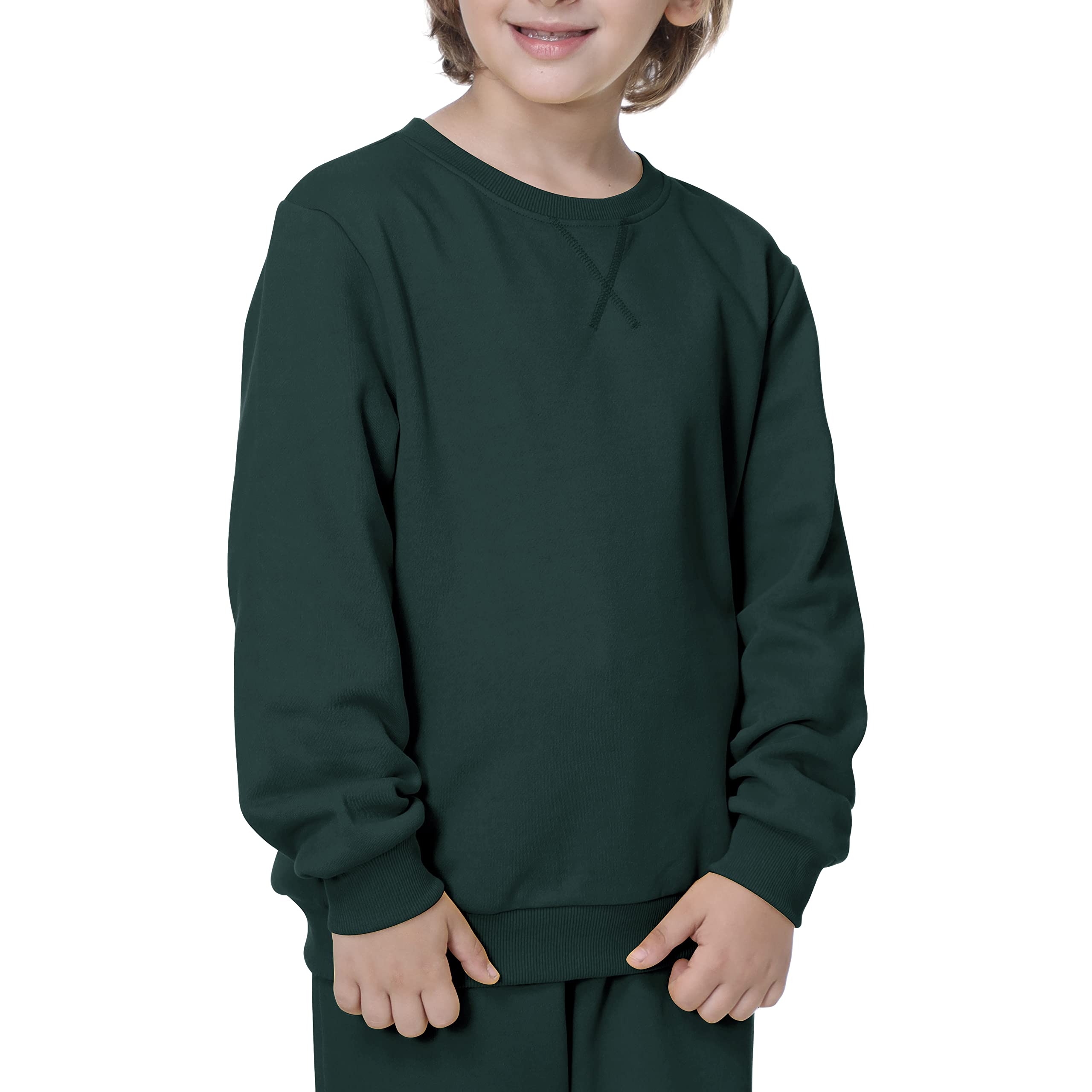 UNACOO Kids Crewneck Long Sleeve Fleece Sweatshirt Pullover Cotton Tops for Boys or Girls (deep green, xl(11-12 Years))