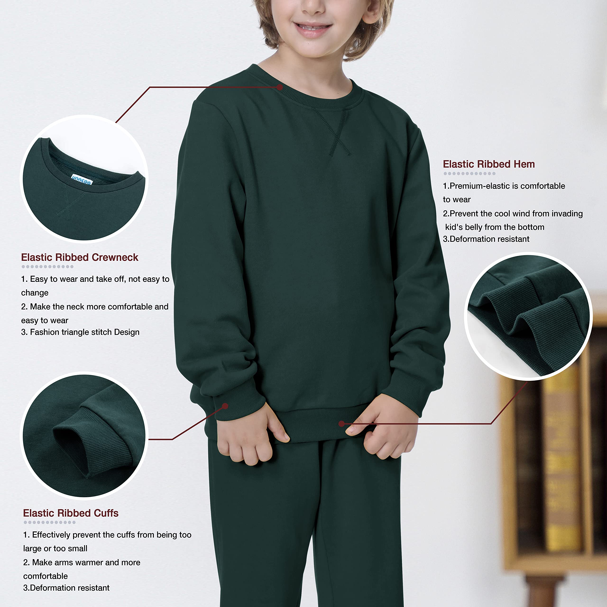 UNACOO Kids Crewneck Long Sleeve Fleece Sweatshirt Pullover Cotton Tops for Boys or Girls (deep green, xl(11-12 Years))