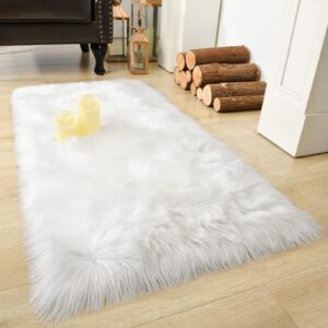 lochas soft fluffy faux fur rugs for bedroom bedside rug 2x4 feet, washable, furry sheepskin area rug for living room girls room, luxury shag carpet home decor, white