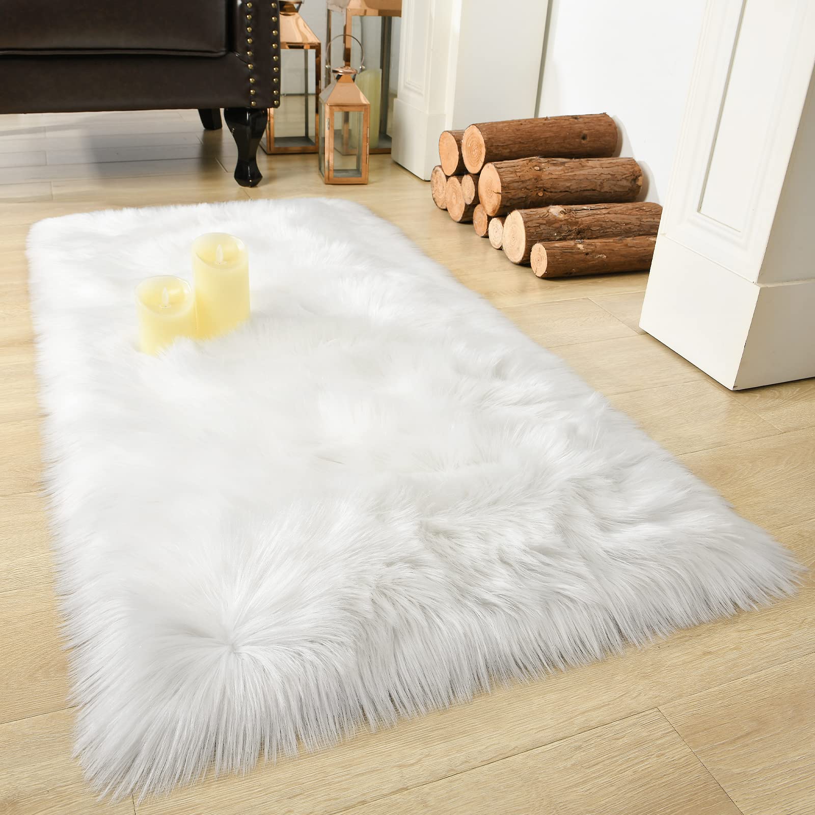 LOCHAS Soft Fluffy Faux Fur Rugs for Bedroom Bedside Rug 2x4 Feet, Washable, Furry Sheepskin Area Rug for Living Room Girls Room, Luxury Shag Carpet Home Decor, White