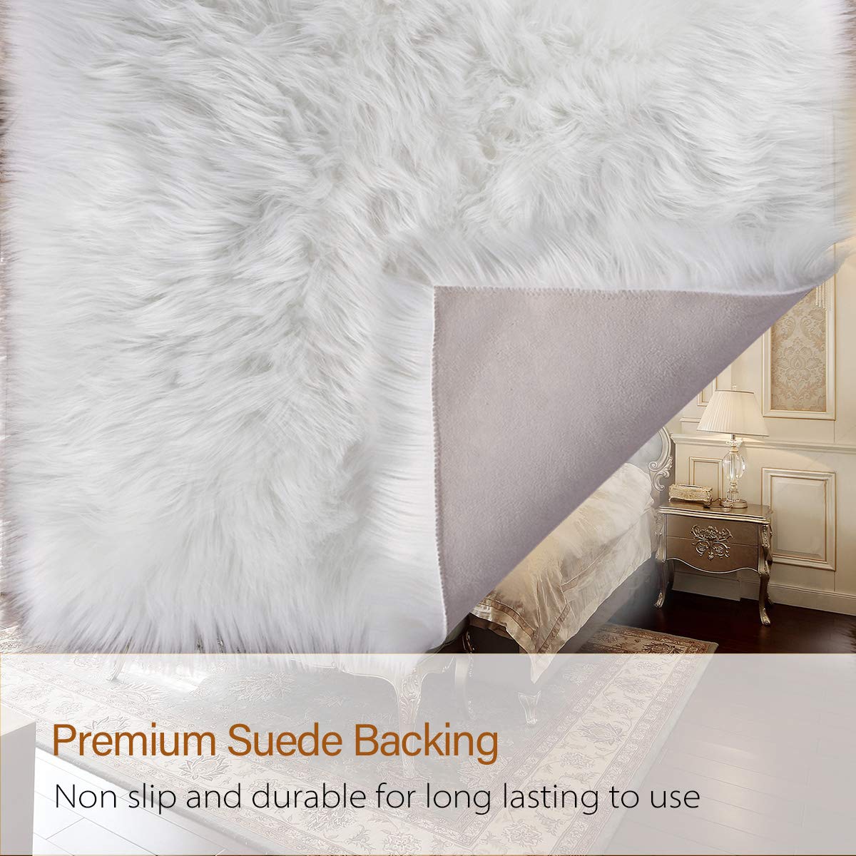 LOCHAS Soft Fluffy Faux Fur Rugs for Bedroom Bedside Rug 2x4 Feet, Washable, Furry Sheepskin Area Rug for Living Room Girls Room, Luxury Shag Carpet Home Decor, White