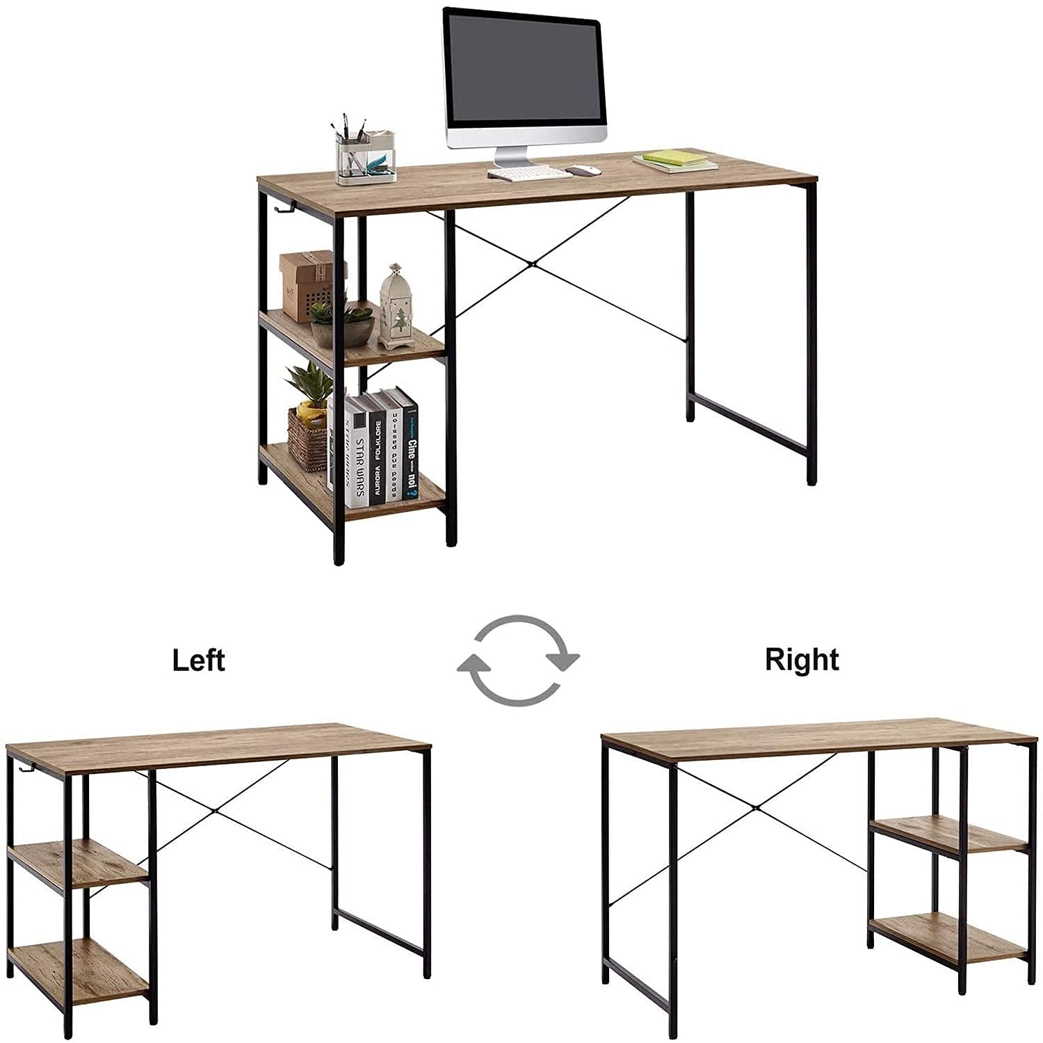 LINSY HOME Computer Desk 47 Inch, Home Office Desk with 2-Tier Storage Shelf, Writing Laptop Table for Gaming Study Working, Easy Assembly, Rustic Brown