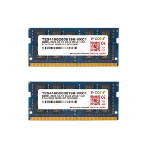 v-color 32gb (2 x 16gb) ecc so-dimm ddr4 2666mhz (pc4-21300) for nas micro server/workstation/compatible with synology 21 series 2rx8 cl19 1.2v (tes416g26d819k-vkc)