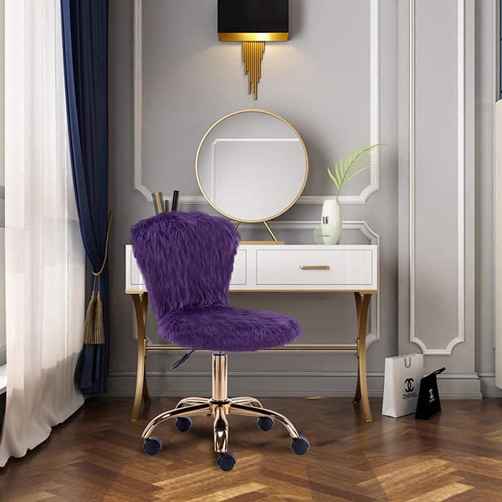 Purple Fur Makeup Small Vanity Chair with Back - Golden Swivel Base Dressing Chair - Adjustable Desk Chair for Beauty Room, Living Room or Home Office - 1 Pack